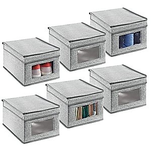 mDesign Soft Fabric Stackable Closet Storage Organizer Box with Clear Window and Attached Hinged Lid for Bedroom, Hallway, Entryway, Closets, 6 Pack - Gray