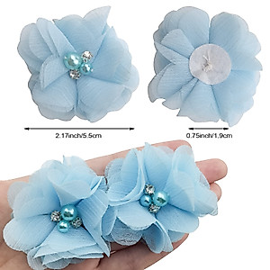 30 PCS Rhinestone Pearl Blue Chiffon Flower Sewing Fabric Appliques for Clothing, Headbands Flower, Crafts, Party Decoration, Sewing Applique