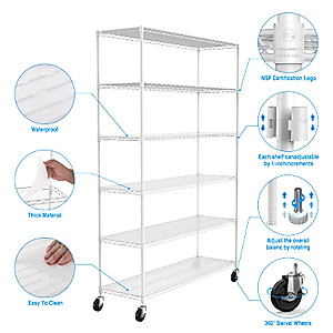 6 Tier 6000lbs Capacity NSF Metal Shelf Wire Shelving Unit, Heavy Duty Adjustable Storage Rack with Wheels & Shelf Liners for Commercial Grade Utility Steel Storage Rack, White - 82"H x 48"L x 18"D