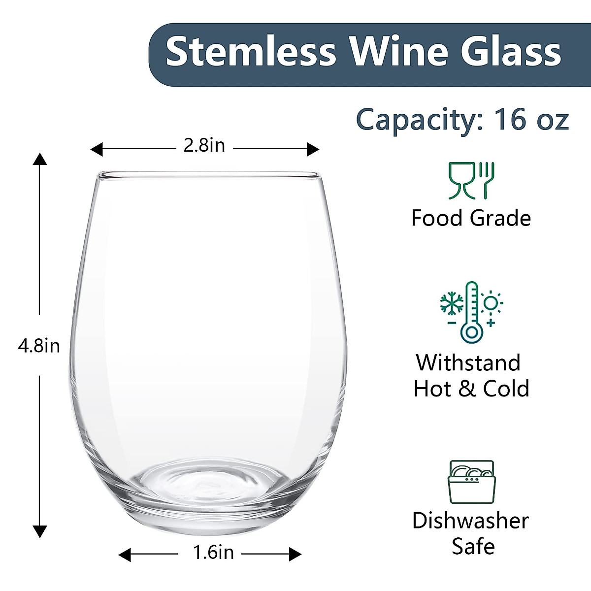 Waipfaru Wine Glasses, 15 oz Stemless Wine Glasses, Set of 4 Glasses for Red or White Wine, Durable Clear Drinking Glasses, Short Wine Tumblers for Gifts, Party, Home, Office, Bars