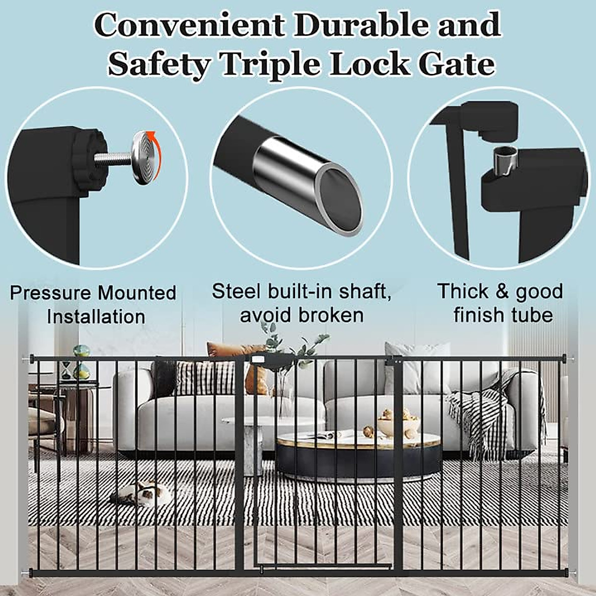 WAOWAO Triple Lock Baby Gate Extra Wide 57.87-62.59" Pressure Mounted Walk Through Swing Auto Close Safety Black Metal Dog Pet Puppy Cat for Stairs,Doorways,Kitchen