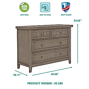 Dream On Me Maple Double Dresser I Kids Bedroom Dresser I Four Drawers Dresser I Farmhouse Modern, Oak Grey