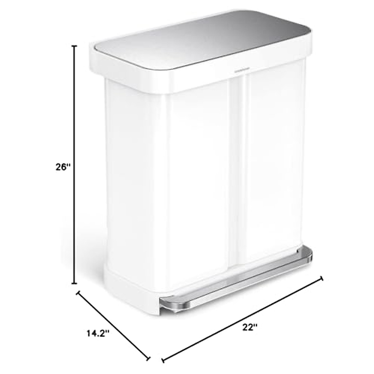simplehuman Large Kitchen Double Trash Can with Lid, Touchless, Recycle Bin + Waste Basket, 58 Liter / 15.3 Gallon, White Stainless Steel