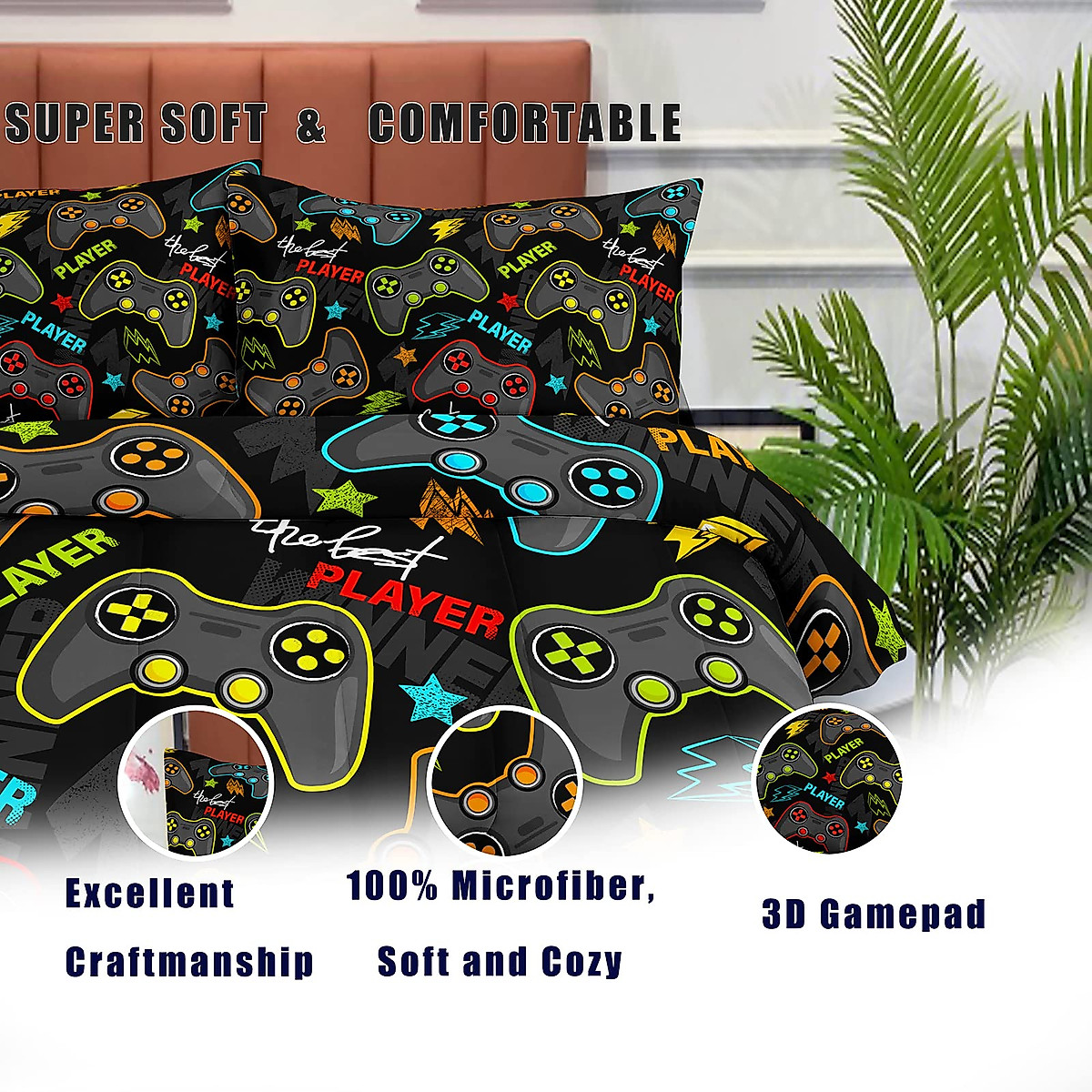 NINENINE Gaming Comforter Twin Bedding Sets for Boys Teens Kids,Gamepad Gamer Bedding Set Game Contoller Video Game Comforter Set-Includes 1 Comforter with Matching Pillowcase