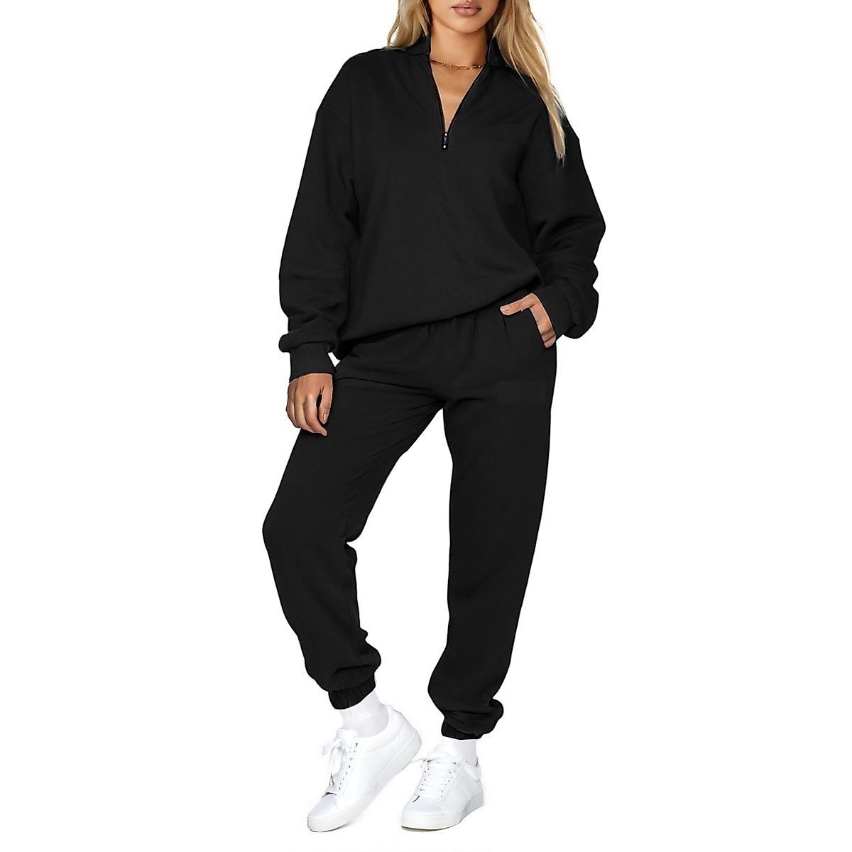 Aleumdr Womens 2 Piece Sweatsuit Sets 2025 Fall Trendy Half Zip Pullover Long Sleeve Sweatshirt Jogger Pants Outfits with Pockets Black Medium
