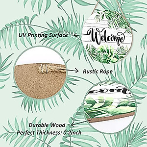 CHDITB Tropical Green Palm Leaves Welcome Sign Wall Decor(12''x12''), Botanical Plant Wooden Hanging Sign, Welcome Spring Door Sign Plaque with Palm Leaf for Home Office Farmhouse Yard Garden