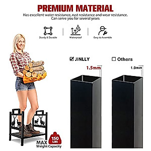 JINLLY Firewood Rack, 17.3 Inch Log Wood Storage Rack Holder with Elk Design, Adjustable Foot Pads and Handle, Outdoor Indoor Iron Fire Wood Rack Holder for Fireplace
