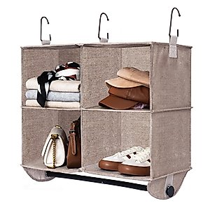 StorageWorks Hanging Closet Organizer with Garment Rod, 4 Section Closet Hanging Shelves, Hanging Clothes Cube Organizer, Mixing of Brown & Beige, 12 ¼" D x 24 ½" W x 28" H