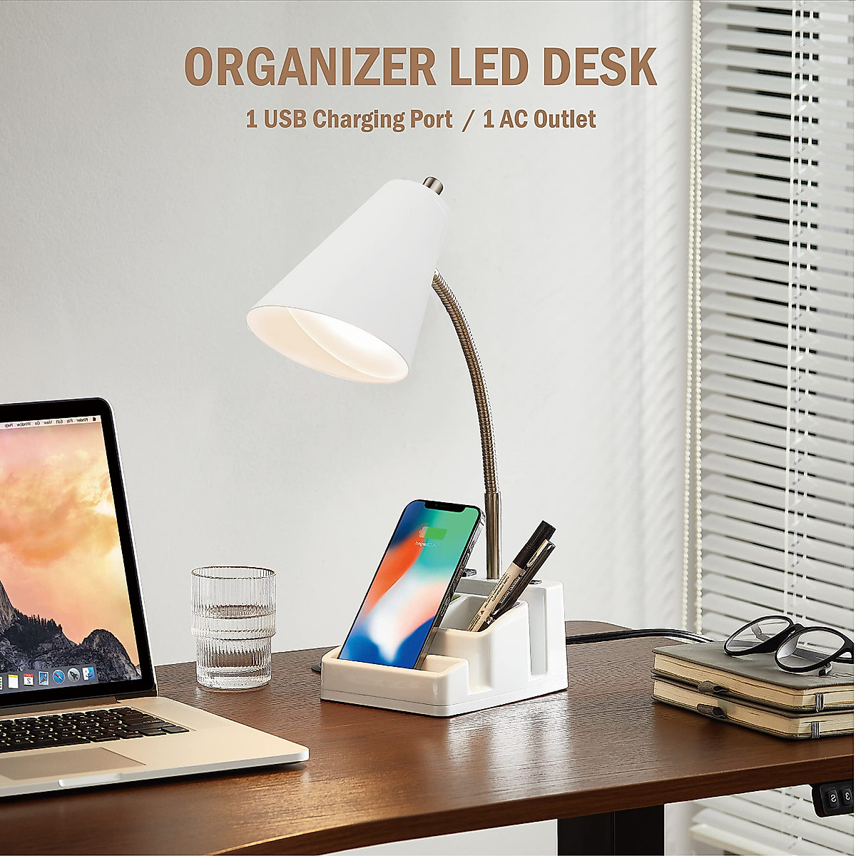 THOVAS LED Desk Lamp with 1 USB Charging Port and 1 AC Outlet, Organizer Base, Adjustable Neck, On/Off Switch, Modern Table Lamp for Reading, Working, Studying, Gentle Warm White Light, Eye Protect