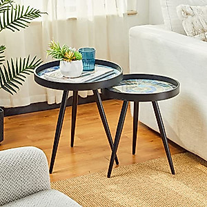 Glitzhome S/2 Modern Nesting End Table Set - Round Sofa Side Tables Living Room Accent Table Nesting Lamp Table with Mosaic Pattern Tray Top