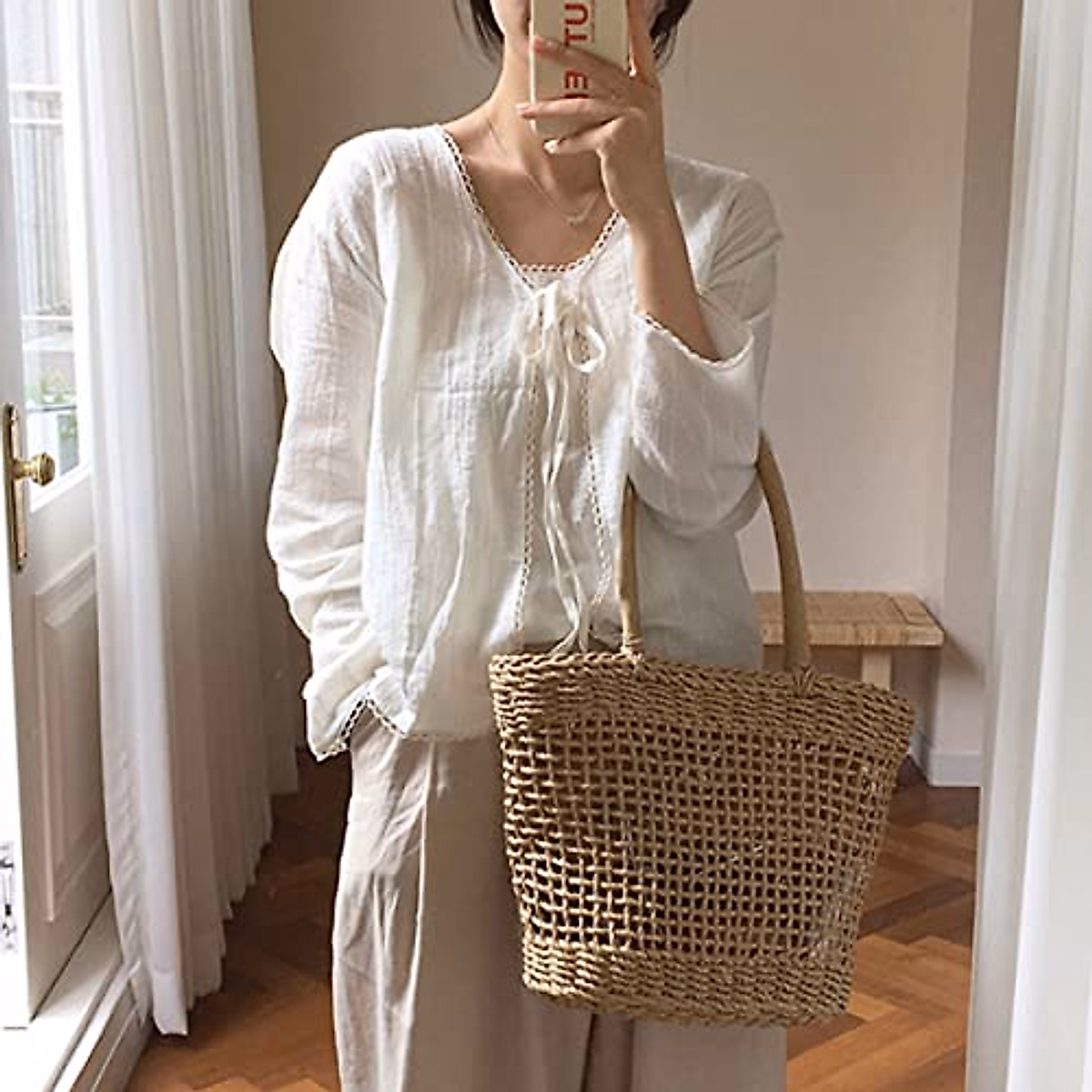 SHERCHPRY Bag for Handbag Women Summer Sea Hand-woven Travel Basket Straw Beach Vacation Woven Fashion Tote Bags Hollow-out Top-handle Clutch Rattan Khaki