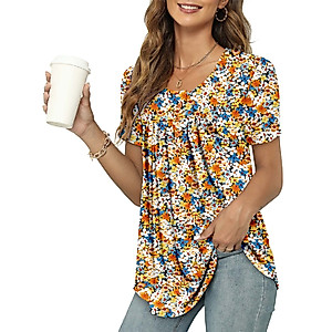 onlypuff Babydoll Tops for Women Flowy Summer Tunic Tops Casual Floral Short Sleeve Flowy Tops to Hide Belly Blouse Yellow S