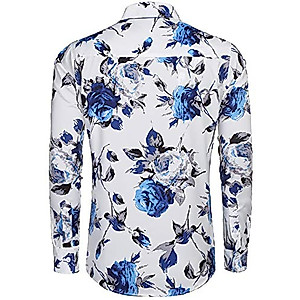 COOFANDY Men's Long Sleeve Dress Shirt - Casual Button Down (White & Blue, Large)
