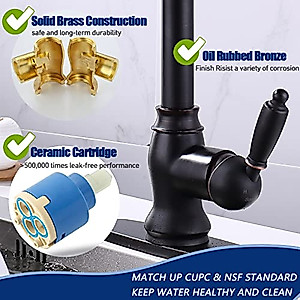 Kitchen Faucet with Pull Down Sprayer Oil Rubbed Bronze, SonTiy High Arc Single Handle Kitchen Sink Faucets with Deck Plate, Commercial Pull Out Faucets for Kitchen Sink, Solid Brass