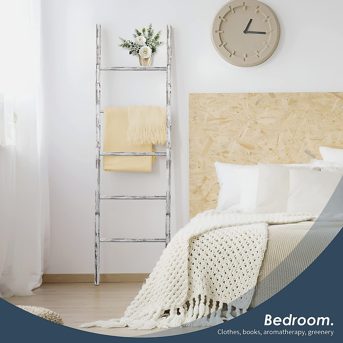 6-Tier Blanket Ladder Wooden, 5.7FT(66.5'') Blanket Quilt Towel Holder Rack Decorative Ladder, Easy Assembly, Rustic Farmhouse Ladder Shelf for The Living Room Bedroom Bathroom Home Decor, White Wash