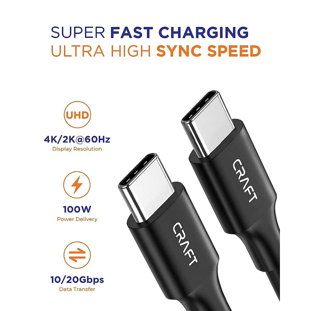 CRAFT 0.5FT USB C Charger Cable | 3.2 USB C to USB C Data Cable with 20Gbps Speed | 100W Fast Charging and High Speed USB C Cable with E-Marker IC Chip, for Phones, Laptops, Cameras, Monitors, Black