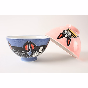 Mino ware Japanese Pottery Pair Rice Bowl French Bulldog Blue & Pink made in Japan (Japan Import) MIG007