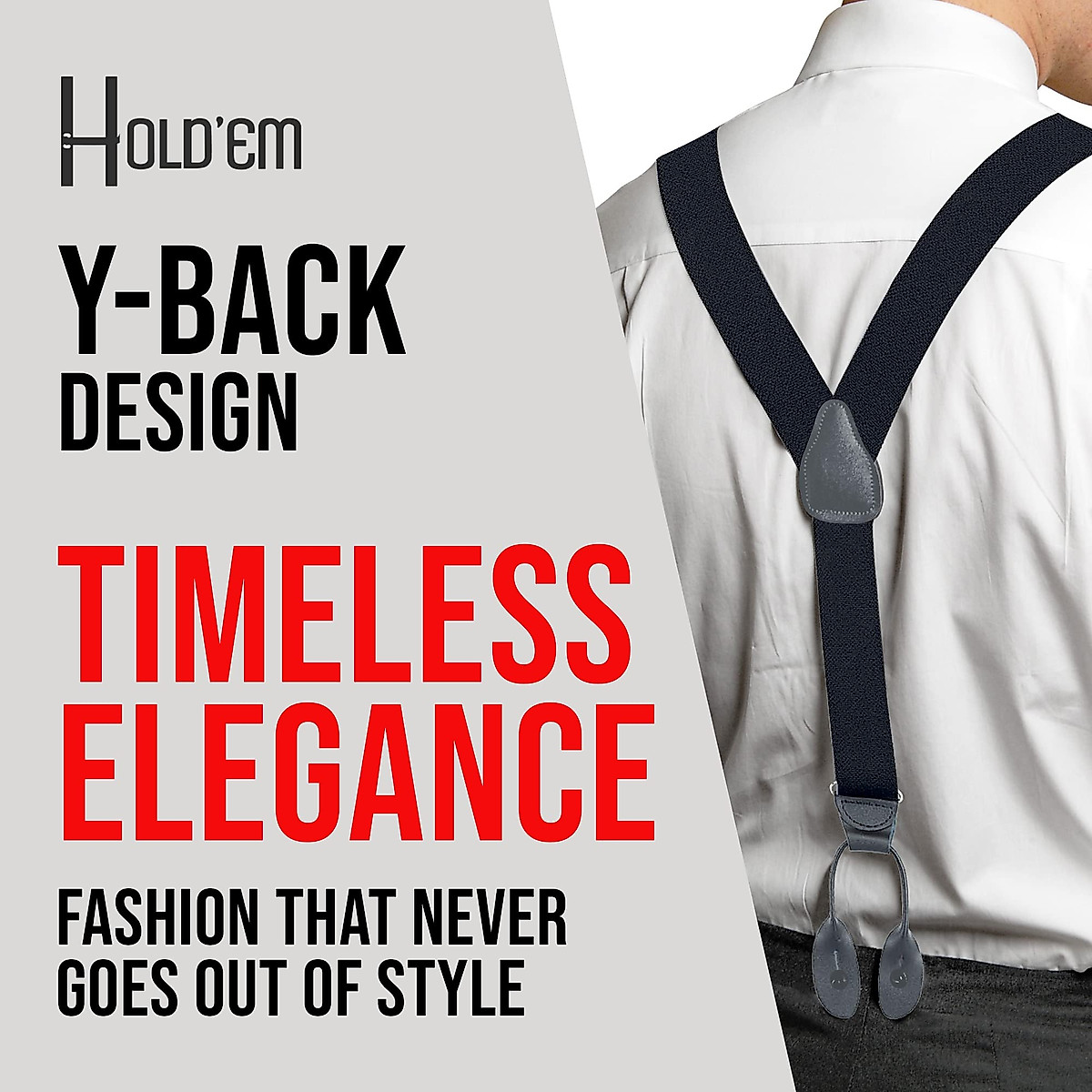 HOLD'EM Tuxedo Suspenders for Men Black Genuine Leather Button End 1.25 Inches Mens Braces Suspenders- Black (Regular 46" Long)