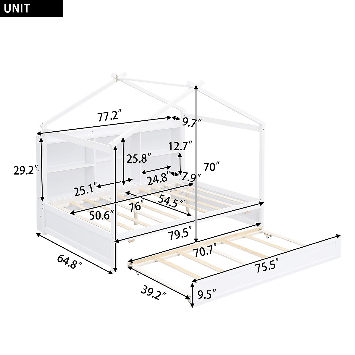Harper & Bright Designs Full Size House Bed with Trundle, Wood Full House Bed with Storage Shelves, Full Montessori Bed for Kids with Roof for Girls, Boys,Brushed White