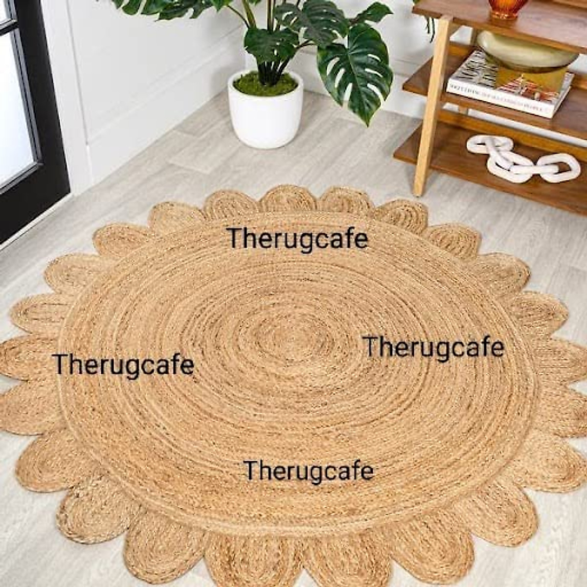 4x4, 5x5, 6x6, Natural Jute Scallop Round Rug, Floor Natural Scalloped Edge Rug Braided Boho Eco Large Circular Handmade Area Rugs (4x4 Ft Round Rug)
