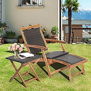 Tangkula Patio Lounge Chair and Side Table Set, Acacia Wood Wicker Folding Table and Armrest Chair with Retractable Ottoman, Acacia Wood Outdoor Chaise Lounger for Garden, Backyard, Poolside, Balcony