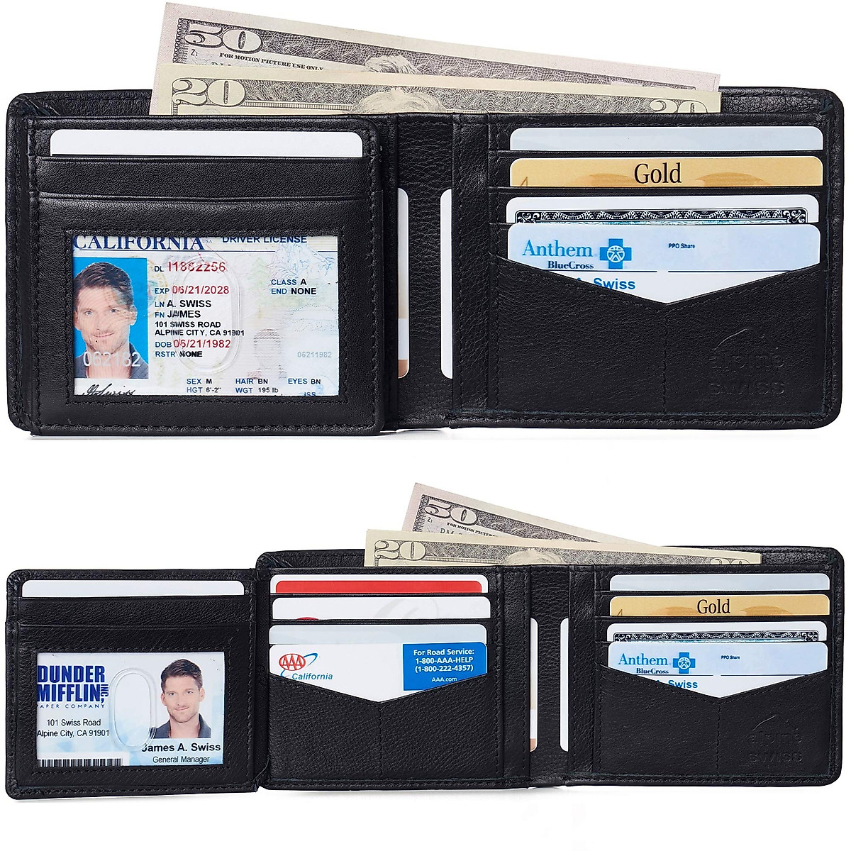 Alpine Swiss RFID Luka Men's Flip ID Wallet Deluxe Capacity ID Bifold With Divided Bill Section Camden Collection Soft Nappa Black