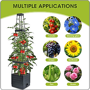 MQFORU Tomato Planter with Trellis, 57" Raised Garden Bed Planters Box for Climbing Vegetables Plant, Self Watering Tomato Support Cages for Garden Pots, Use for Patios Greenhouse Indoor Outdoor（1Pc）