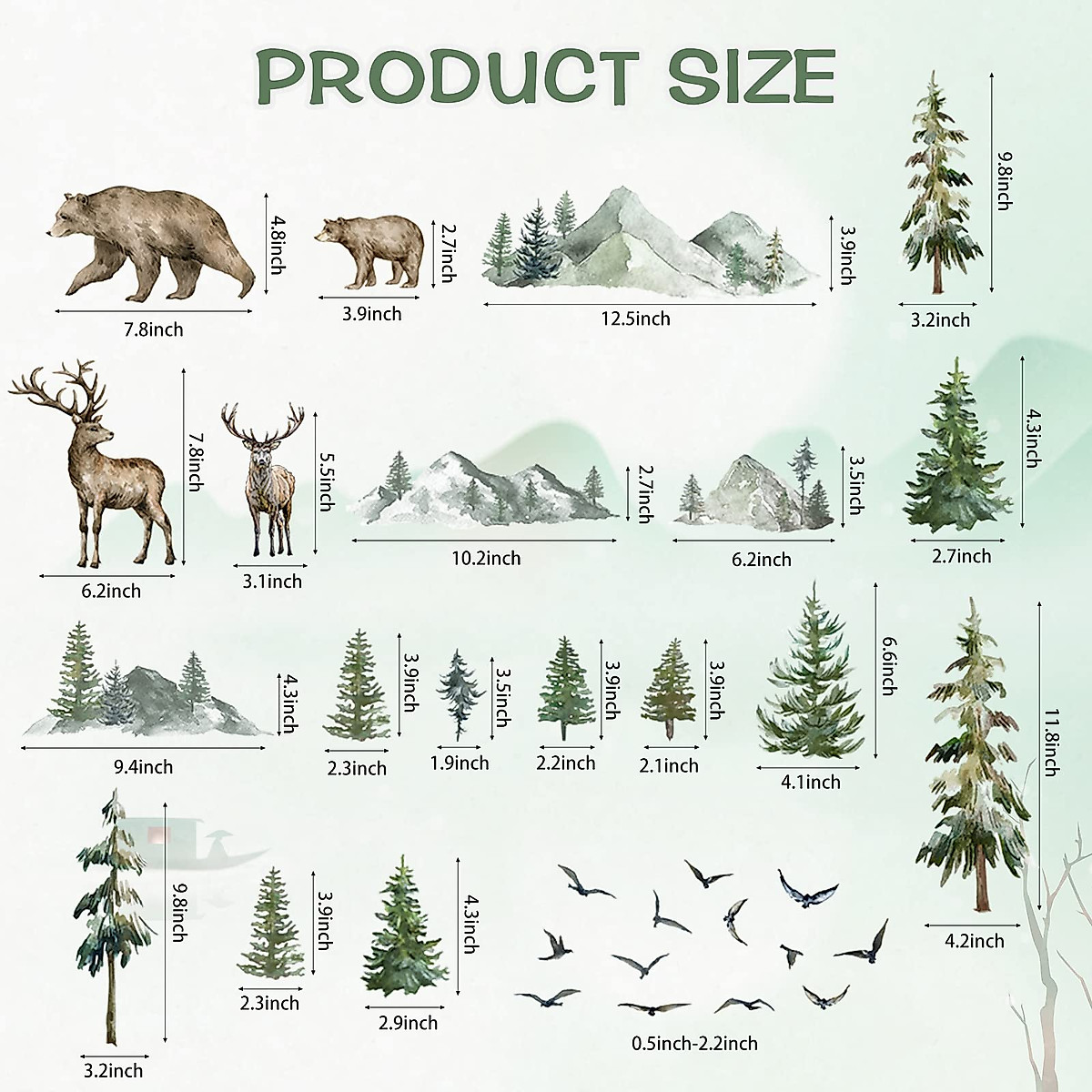 Mountain Wall Decals Large Pine Tree Wall Decals Peel and Stick Forest Tree Deer Birds Animal Wall Decals Mountain Tree Wall Stickers for Kids Room Nursery Decor