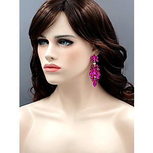 Womens Crystal Rhinestone Dangle Earrings Fuchsia Hot Pink for Proms Wedding Party