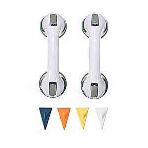 FChome 2 pcs Shower Wall Suction Cup Grab Bars with 4 pcs Self-Adhesive Hooks, Bathroom Balance Bar-12 Inch Shower Handle Bar Offers Safe Grip with Strong Hold Suction Cup for Safety Grip Grab,Gray.