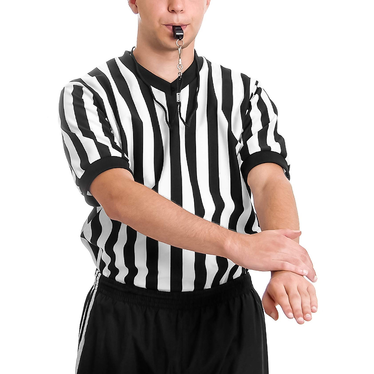 FitsT4 Sports Men's Official Black & White Stripe Referee Shirt Short Sleeve Umpire Jersey Costume Pro Ref Football Uniform