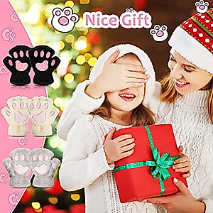 Geyoga Cat Paw Gloves 3 Pairs Kawaii Gloves Cosplay Faux Fur Plush Cat Gloves Lion Paws Fingerless Gloves for Girls Women(Black, White, Gray)