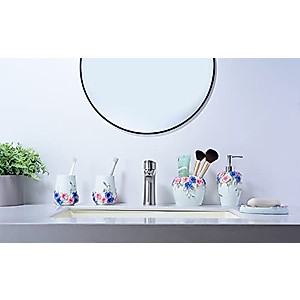 Ximlike Floral Bathroom Accessories Set Light Green, 5-Piece Resin Bathroom Completes Set Flower Pattern, Toothbrush Holder, Soap Dispenser, Tumbler, Soap Dish, Bathroom Vanity Organizer Decor Sets