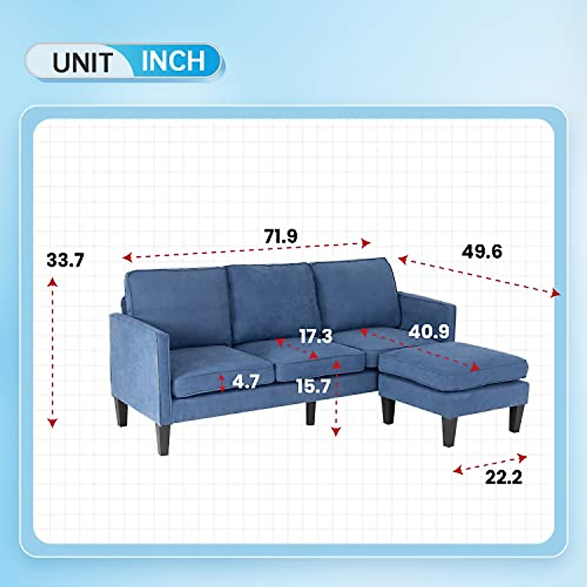 L Shaped Couch sectional Sofa Fabric Sofa Small Sofa Convertible Sofa for Small Living Room, Apartment and Small Space,Navy Blue