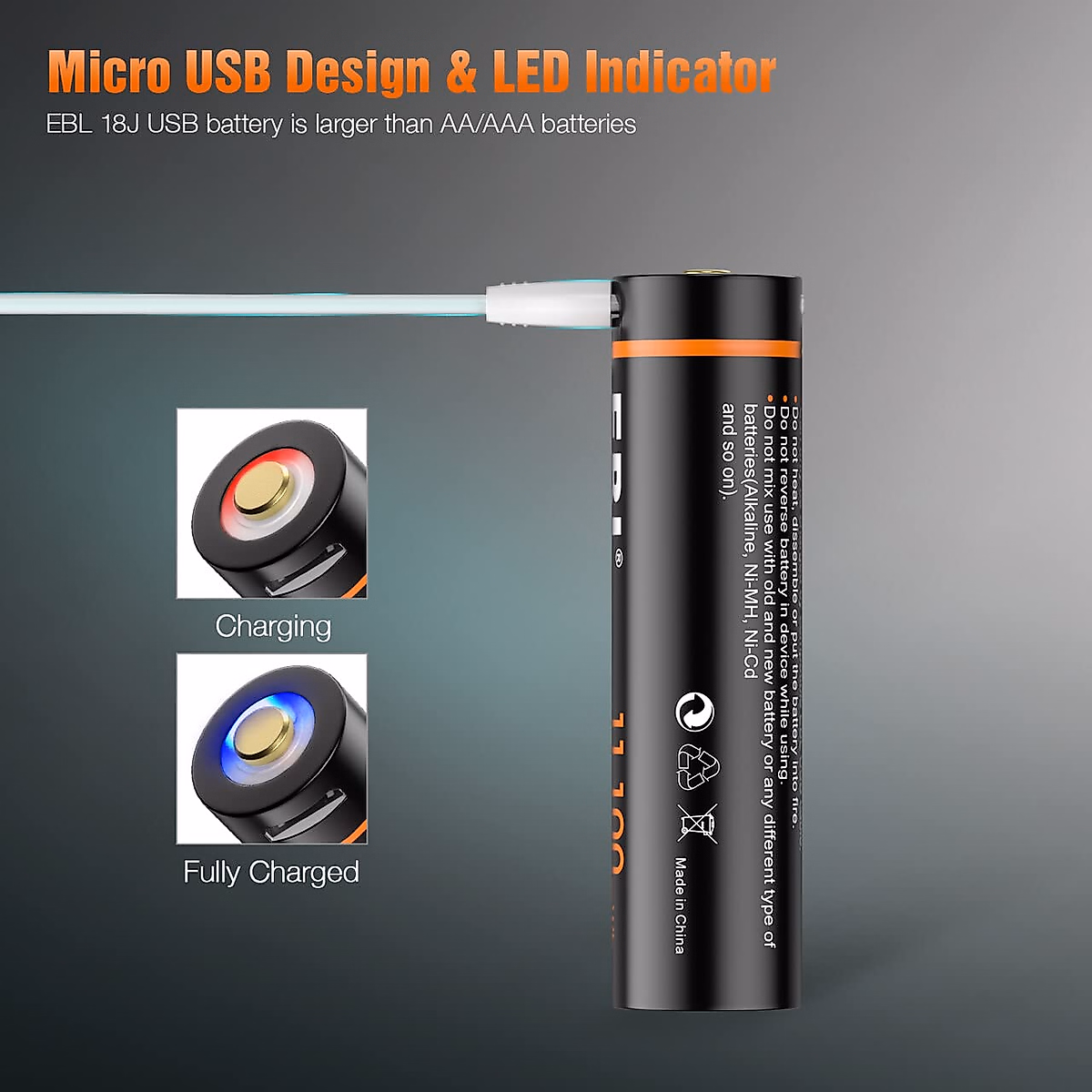 EBL 3.7V Li-ion Rechargeable Batteries 3000mAh 18J Rechargeable USB Lithium Battery for Flashlights, Headlamps, Doorbells, RC Cars (2 Pack)