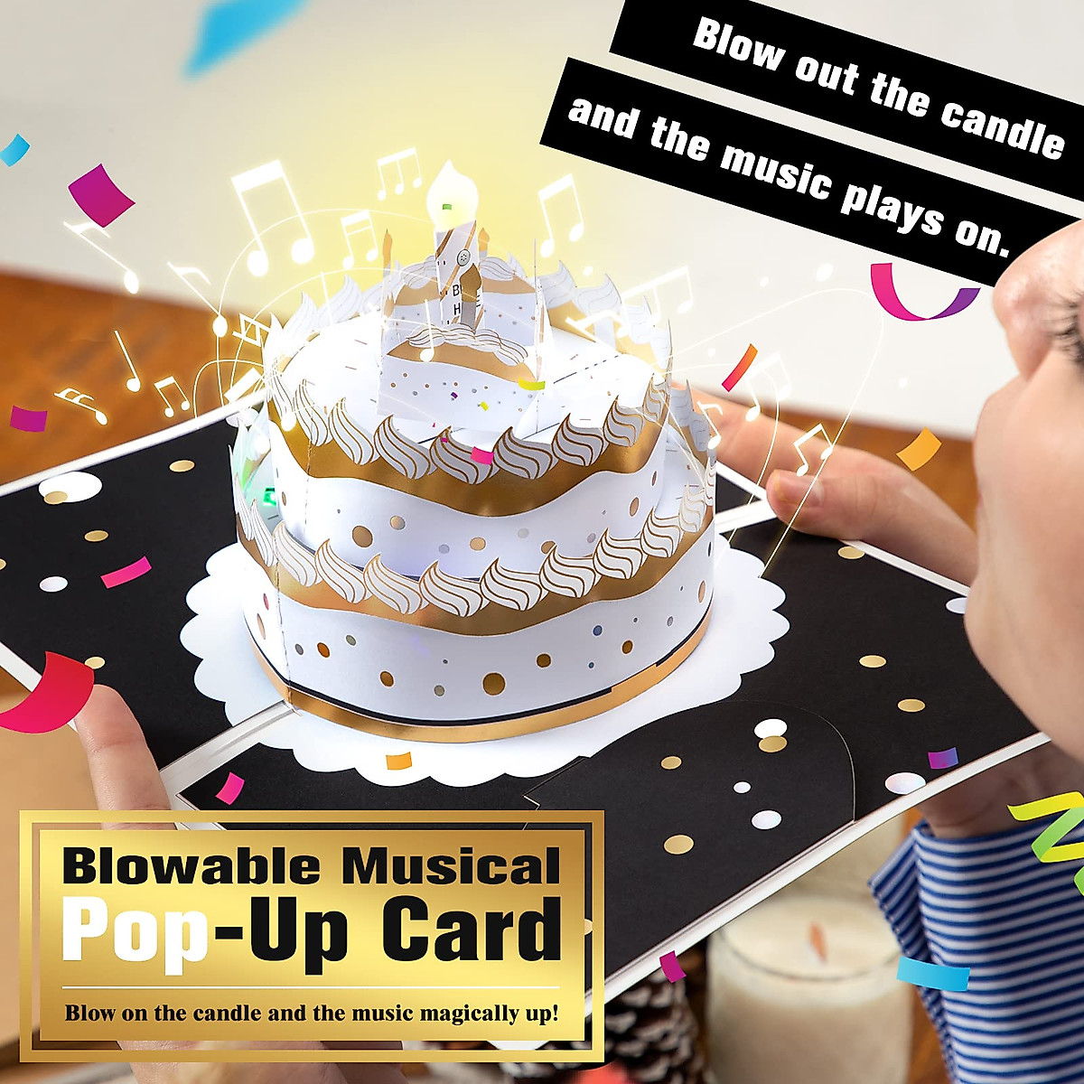 Birthday Card LIGHTS & MUSIC Birthday Card with Large Cake - Musical Birthday Card BLOW OUT CANDLE & Plays Happy Birthday Song, 3D Pop-Up Birthday Cards for Men & Women, Him or Her, Wife or Husband