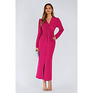 PRETTYGARDEN Women's Spring Fall Fashion Long Puff Sleeve Maxi Dresses V Neck Twist Front Formal Dress with Slit (Rose Red,Large)