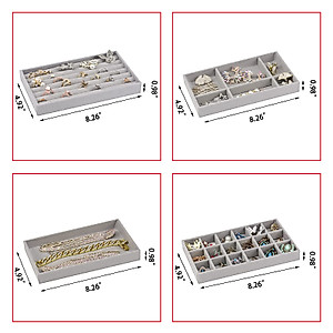 Ptaedex Stackable Velvet Jewelry Trays Organizer for Drawers, Small Jewelry Drawer Organizer Display Tray for Earring Ring Watch Bangle Bracelet Necklace, Set of 4, Gray