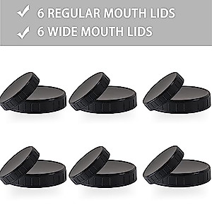 Tixill 12 Pack Plastic Mason Jar Lids 6 Regular Mouth & 6 Wide Mouth Bottle Storage Caps Sealing Cap for Canning Jars (Black)