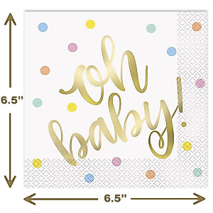 Lobyn Oh Baby Dessert Plates and Napkins - Elegant Gold and White Baby Shower Disposable Set - Cake Plates - 16 Count of 7 Inch Disposable Plates, and 16 Napkins - Baby Shower Plates