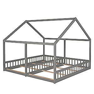 Merax Double Twin Kids House Shaped Low Platform Beds, Wood Floor Bed Frame for Boys, Girls, No Box Spring Needed Easy Assemble (Twin,Grey