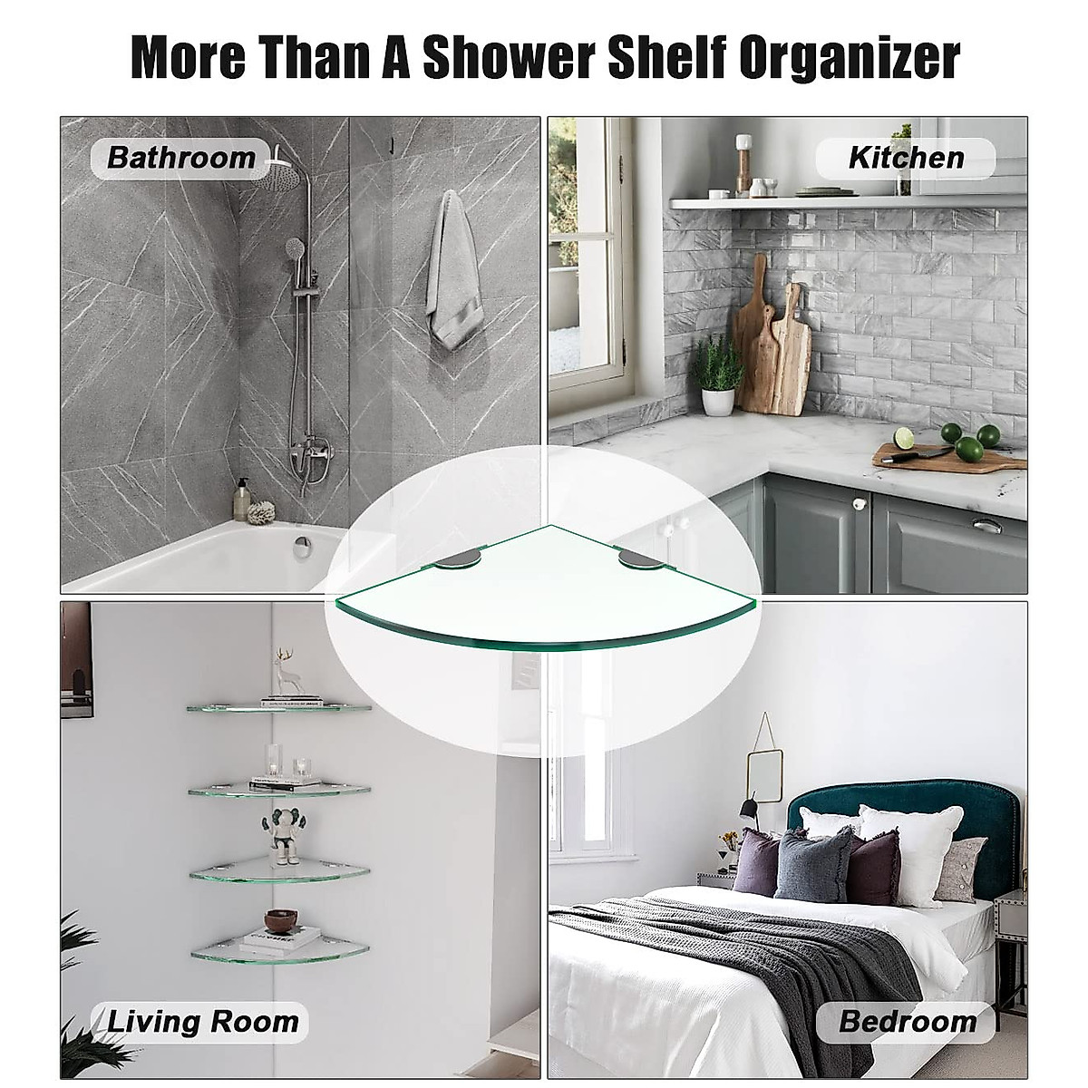 FesGif 2 Pack Glass Corner Shelf for Bathroom Shower Caddy Basket Shelf Shampoo Holder Storage Organizer No Drilling Adhesive Wall Mounted Bathroom Shelf Floating Extra Thick Tempered Glass Shelves