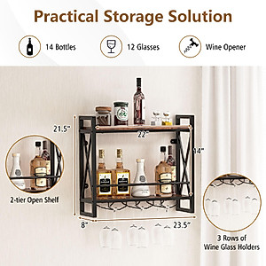 Giantex Industrial Wall Mounted Wine Rack, 2-Tier Metal Hanging Wine Bottle Glass Rack w/ 12-Bottle Holders, Heavy Duty Wall Wine Floating Shelves for Home Bar, Kitchen, Dining Room, Rustic Brown