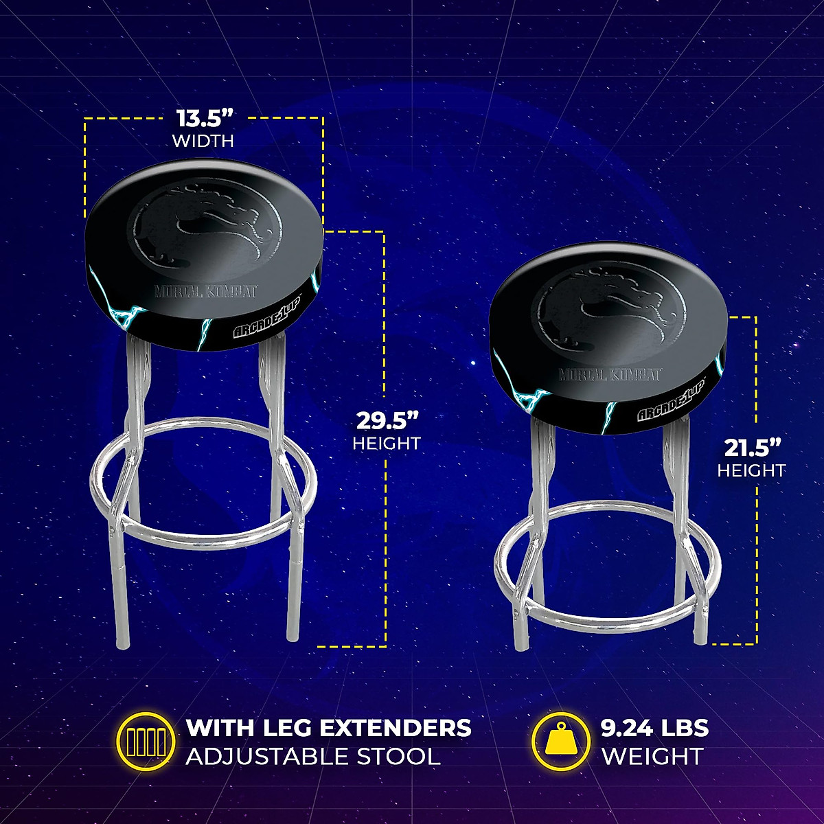 Arcade1Up Adjustable Padded Arcade Game Stool, Steel Frame, Midway Legacy, 21.5" to 29.5"