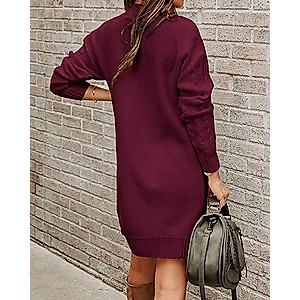 FSHAOES Womens Turtleneck Cable Knit Sweater Dress Fall Winter Long Sleeve Bodycon Mini Dresses Solid Long Pullover Jumper Wine Red