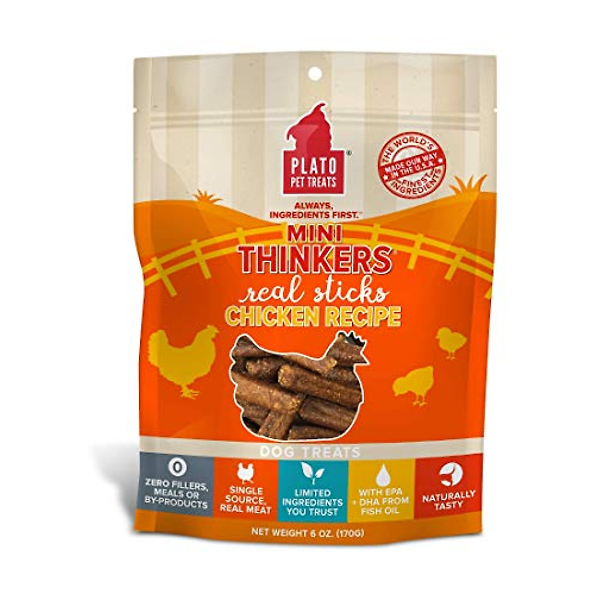 PLATO Mini Thinkers Sticks - Natural Dog Treats - Real Meat - Air Dried - Made in the USA, Chicken Flavor, 6 ounces