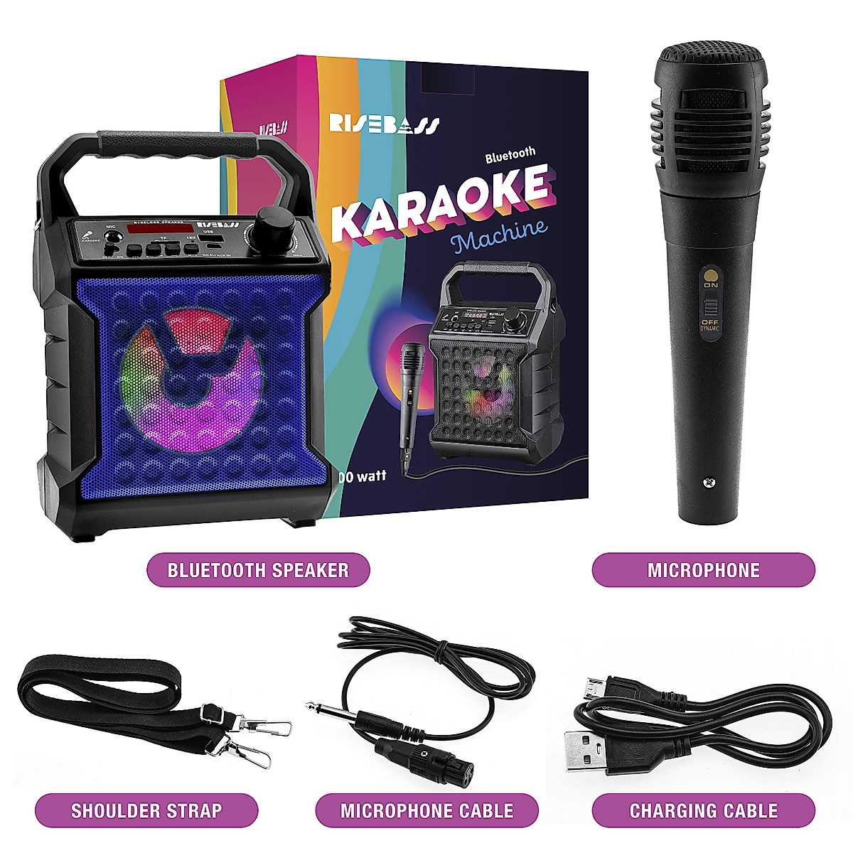 Risebass Portable Karaoke Machine with Microphone with Party Lights for Kids and Adults - Rechargeable USB Speaker Set with Bluetooth, FM Radio SD/TF Card, AUX-in, Birthday Gift for Boys and Girls