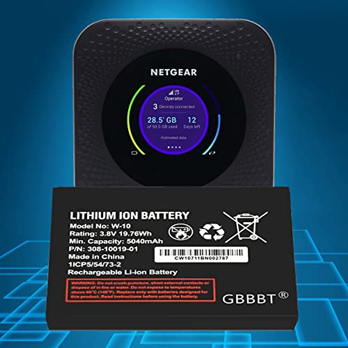 GBBBT W-10 Battery, 5040mAh 3.8V Replacement Battery for Netgear MR1100 AT&T Nighthawk M1 LTE Mobile Hotspot Router Netgear 308-10019-01 W-10