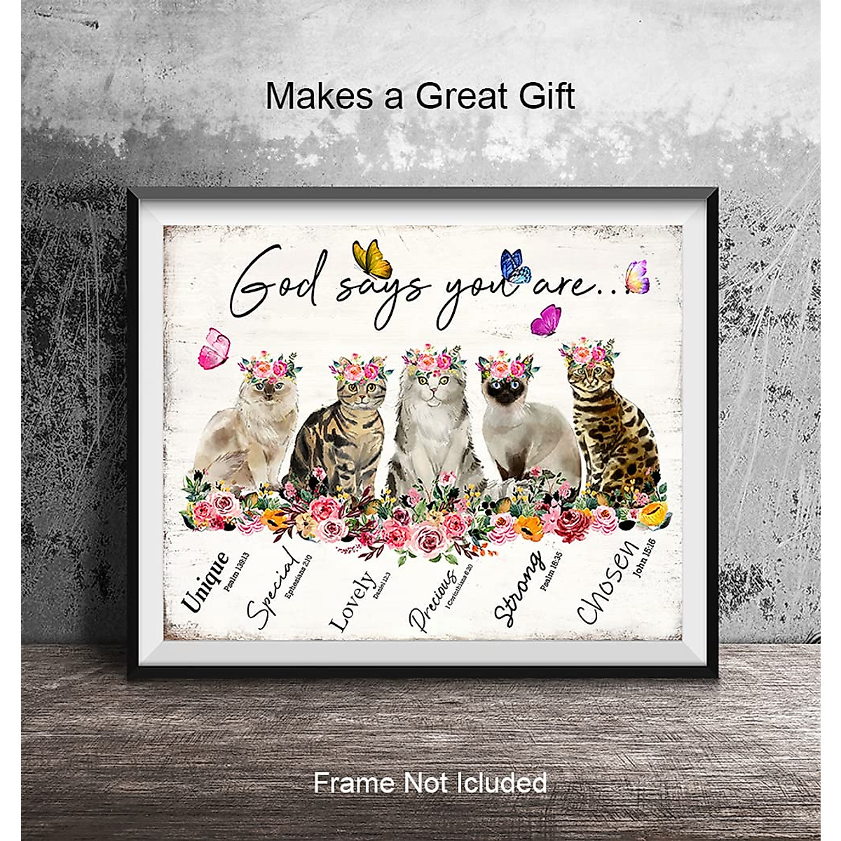 God Says You Are Cat Wall Art - Christian Inspirational Encouragement Gifts for Women - Bible Verses, Psalms, Scripture Wall Decor- Catholic Religious Gifts - Positive Motivational Quotes - Boho Decor