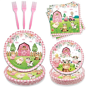 96PCS Farm Animals Party Supplies Tableware Set Farm Birthday Party Barn Animal Theme Party Cute Pink Animal Baby Shower Dessert Plate Dinner Plate Paper Napkins Forks Dinnerware for 24 Guests